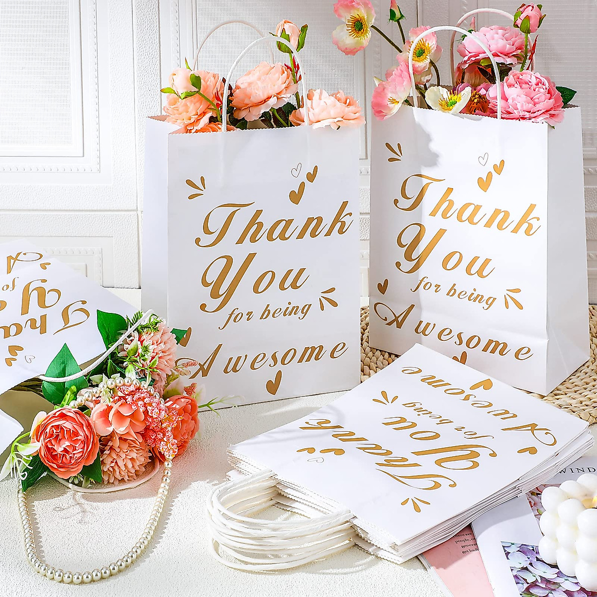 PerKoop 24 Pieces Employee Appreciation Gift Bags Bulk Thank You for Being Awesome Gift Bags with Handles Kraft Housekeeping Week Gifts for Colleague Employee Nurse Coworker Teacher(White)