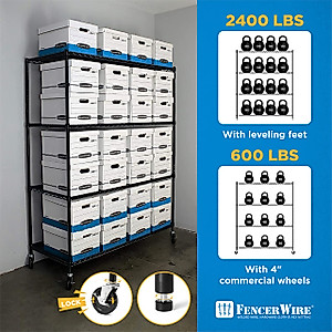Fencer Wire 4-Tier Commercial Grade Heavy Duty Adjustable Height Wire Shelving w/Casters & Leveling Feet, Garage Shelving Storage Organizer, Storage Metal Steel Shelf, Utility Storage Shelf, Black.
