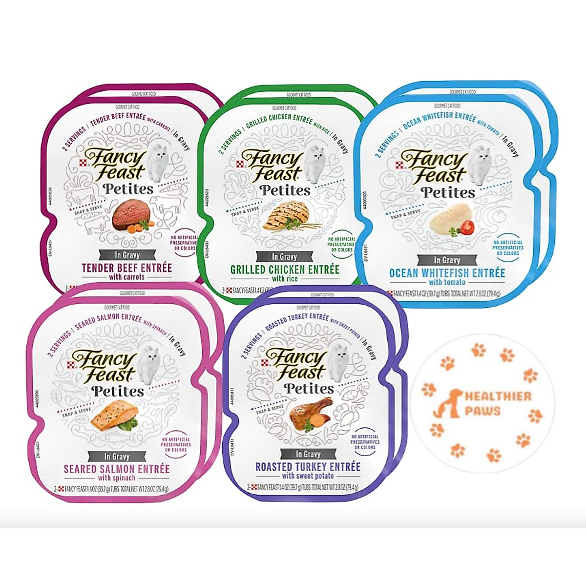 Fancy Feast Gourmet Petites in Gravy Wet Cat Food Variety 5 Flavor Pack / 20 Servings / Beef, Chicken, Ocean Whitefish & Tuna, Salmon and Turkey with Healthier Paw Sticker!!