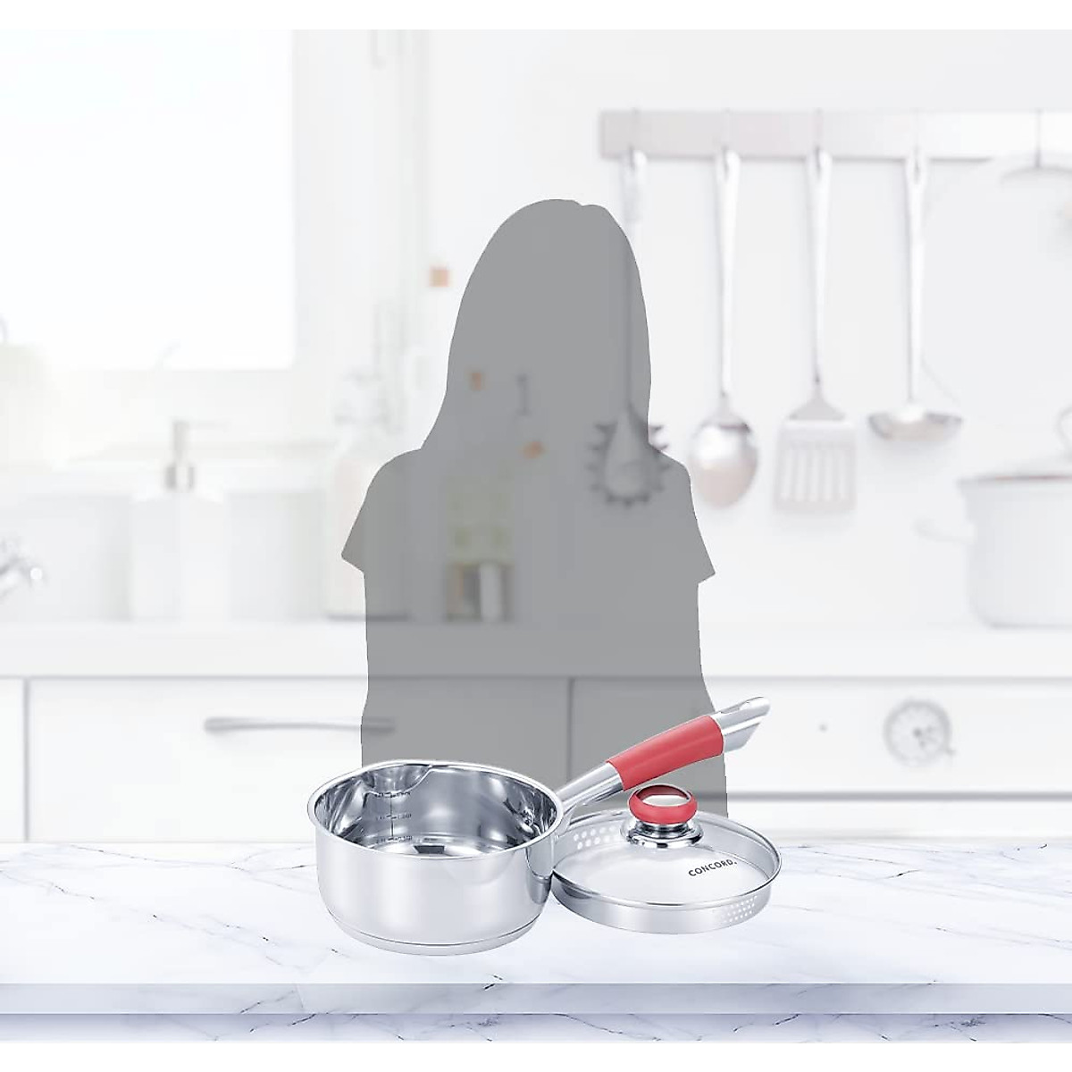 Concord 3 Quart Stainless Steel Saucepan with SIMPLE POUR Vented Glass Lid. Features Dual Pouring Spouts and Volume Marking. Perfect for making Sauces, Jam, Ramen, and more