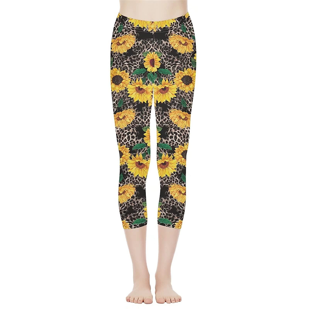 Poceacles Sunflower Leopard Print Womens Capri Yoga Leggings with Pocket, High Waist Running Yoga Pants Gym Sport Tummy Control Leggings
