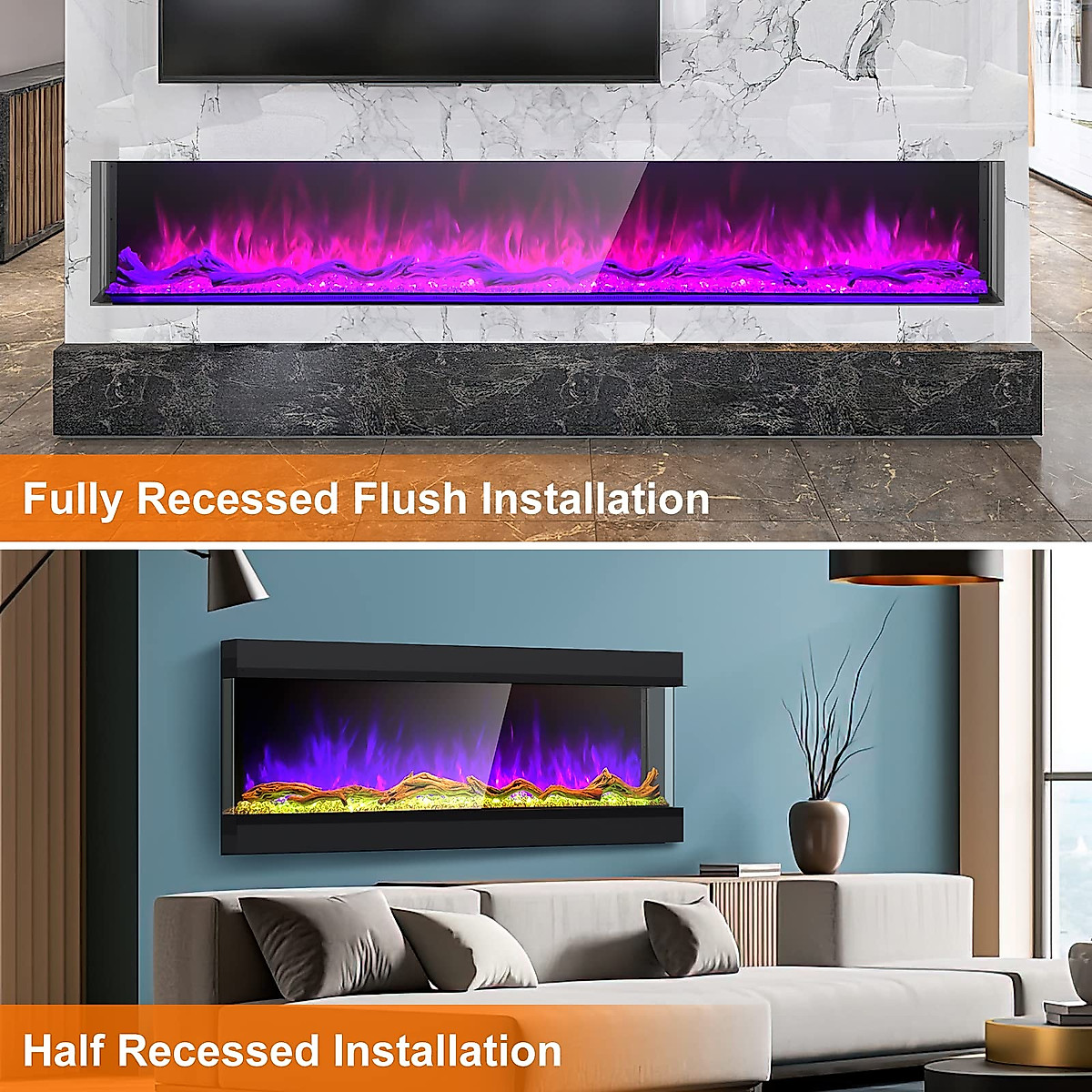 Cosmopolitan Fireplaces Phoenix Omnivue Series 68 inch 3 Sided Electric Fireplace Insert, Smart Wi-Fi Wall Mount/Built-in Fireplaces, 251 Realistic Flames, Low Noise 3000/1500Watt Fireplace Heater