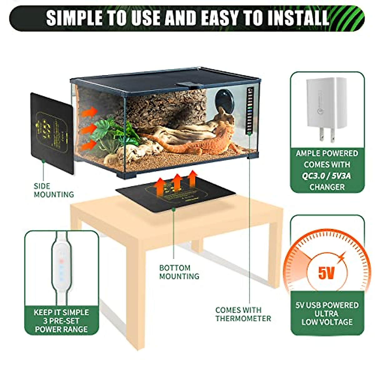 FIEESWARM Reptile Heating Pad Adjustable Temperature Under Tank Terrarium Heat Mat for Hermit Crab, Leopard Gecko, Tortoise, Snakes, Lizards. Reptile Heater with Thermometer (Rectangle)