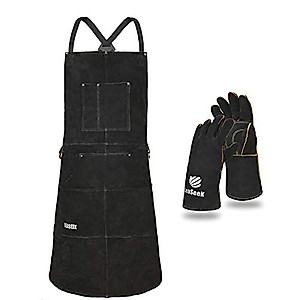 Leather Work Apron with Gloves - 6 Tool Pockets for Men& Women - Welding Apron - Ideal for Woodworking, Blacksmithing, Gardeners, Mechanics, BBQ - Adjustable M to XXXL
