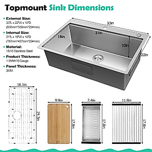 Homikit Kitchen Sink 33 x22 Inch, 16 Gauge Stainless Steel Topmount Drop In Kitchen Sinks Single Bowl 2-Hole R10 Corner, 10" Deep Large Handmade Farmhouse Workstation Sink with 5 Pack Accessories