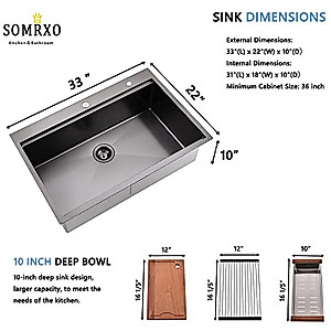 SOMRXO 33 Inch Drop In Kitchen Sink Black Stainless Steel Workstation 33x22 Kitchen Sink Drop In Workstation Sink Topmount 16 Gauge Gunmetal Black Stainless Steel Sink 10"Deep Single Bowl Kitchen Sink