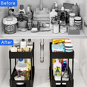 Freontus Under Sink Organizer, 2 Pack 2 Tier Sliding Under Sink Organizers and Storage with Hooks Cups Handles, Multi-use Under Sink Storage Cabinet Organizer shelf for Bathroom Kitchen Counter