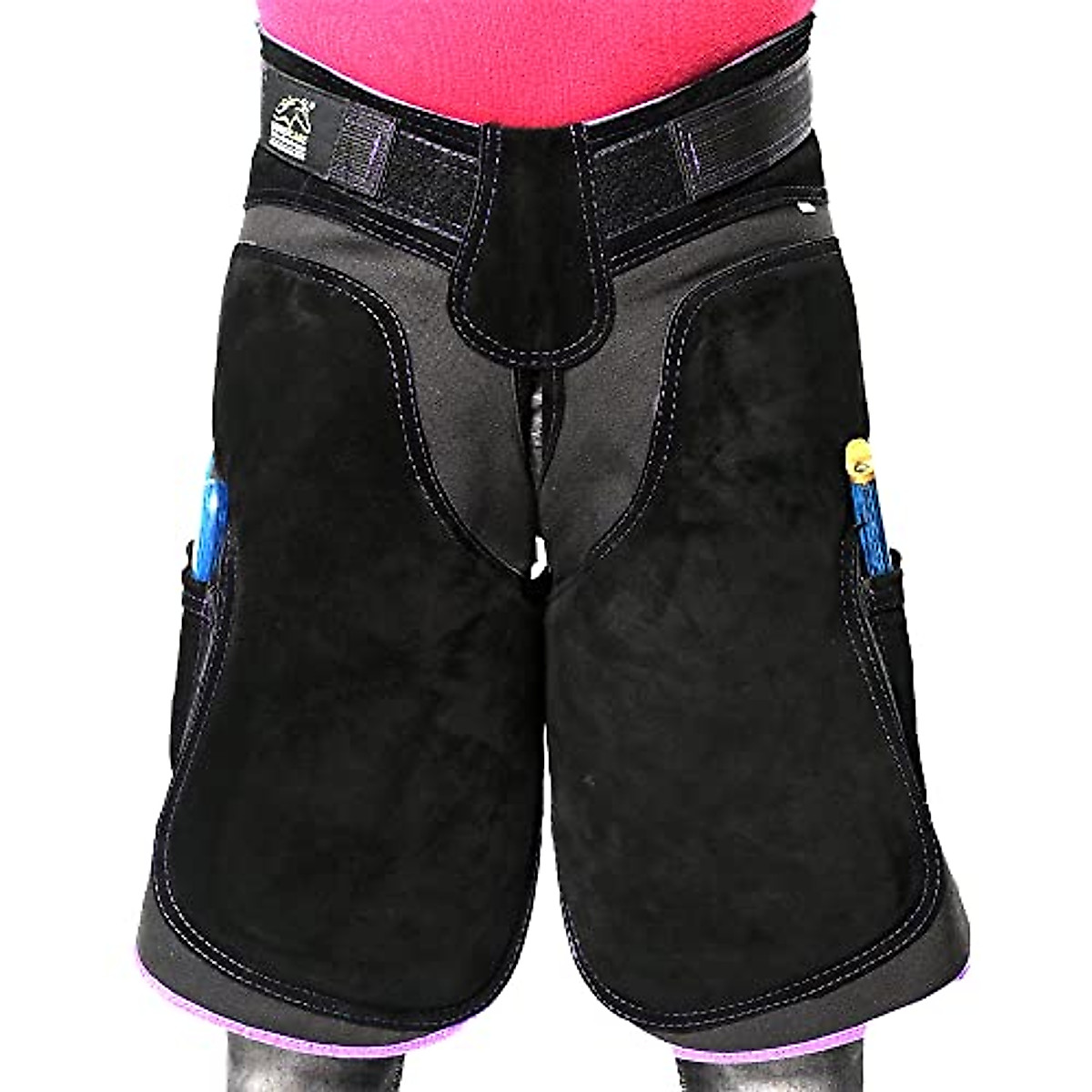Equine Care Women's Farrier Apron with 4 Knife Pockets, 2 Nail Magnets, and Back Support - Cowhide Suede Leather and Canvas Chaps, 23 Inches-59CM