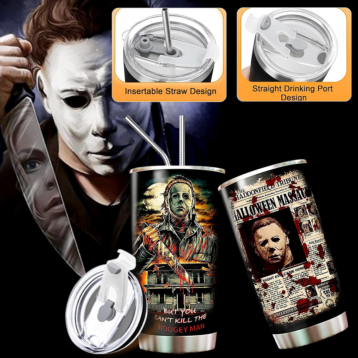 XWLAI Horror Tumbler with Lid and straw - Gift for Men, Women Who Love A Good Scare - Halloween Coffee Cup - Gifts for Friend on Birthday, Christmas - Halloween Decorations - Horror Tumbler 20 Oz