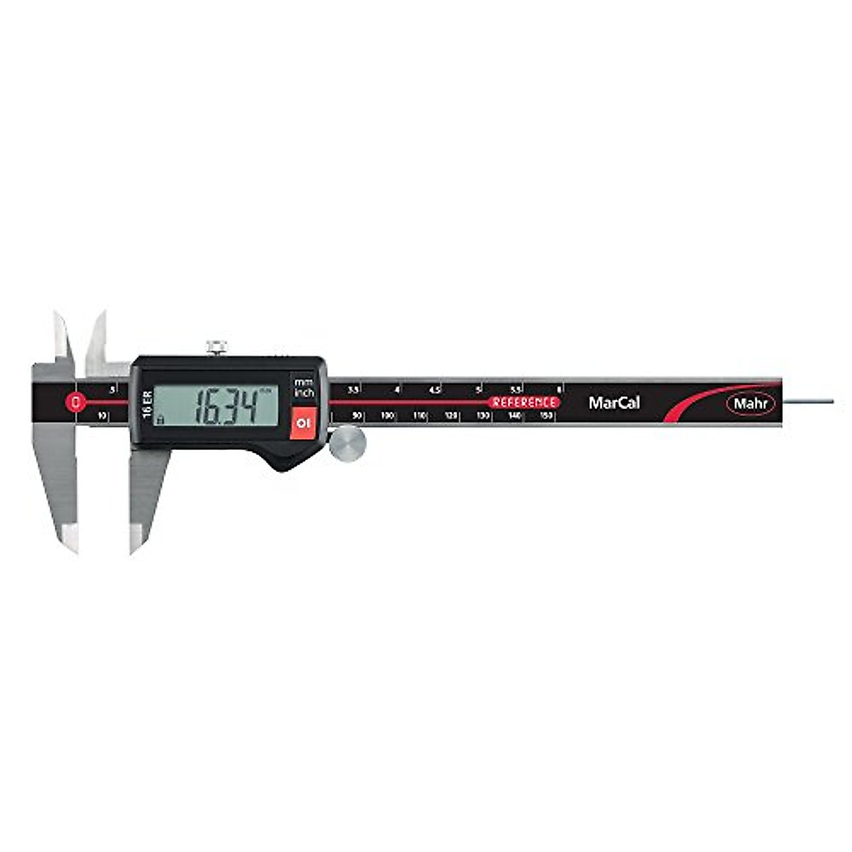 Mahr Federal 4103011 16 ER Digital Caliper, Range in/mm, 0-6'', 0.0005'' Resolution, Round Depth Rod, Thumb Wheel, No Output, Black/Red