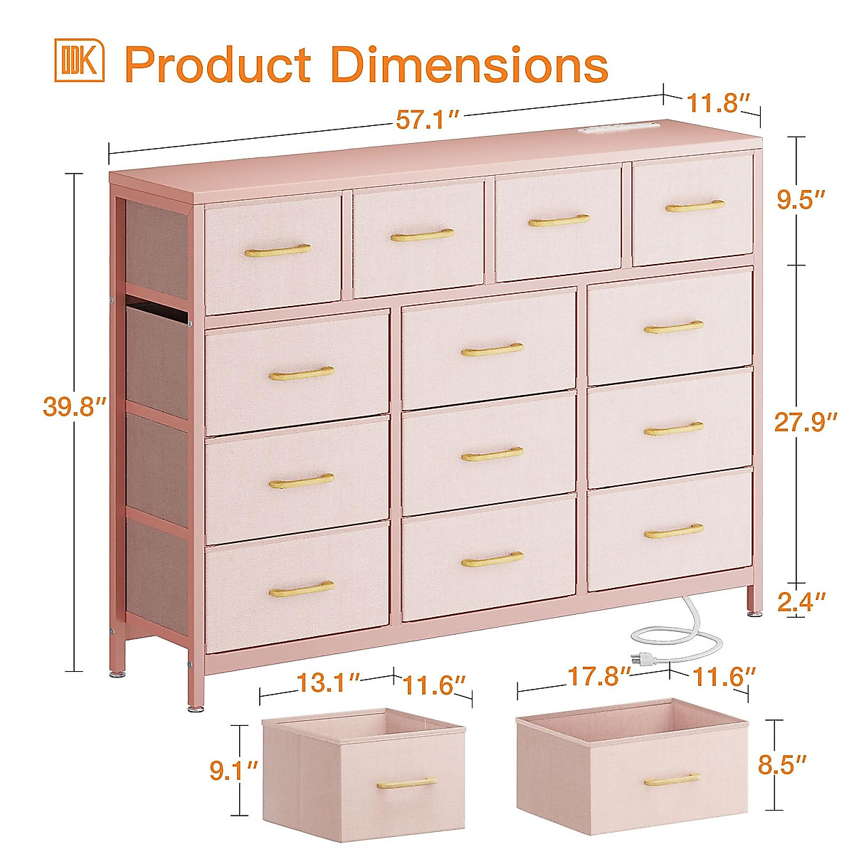 ODK Dresser with Charging Station, 57-Inch Long Dresser TV Stand for Bedroom, Large Dresser with 13 Storage Drawers, Chest of Drawers Easy-Pull Fabric Dressers for Living Room, Pink