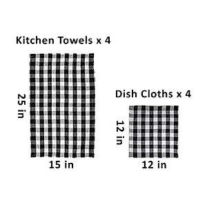 fillURbasket Buffalo Plaid Black Kitchen Towels and Dishcloths Set Check Dish Towels with Dishcloths for Washing Drying Dishes 100% Cotton 15”x 25” 8 Piece Kitchen Set