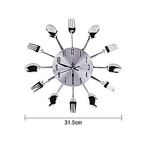 TOPINCN 12.4in Knife and Fork Style Wall Clock, Modern Unique Mirror Surface Silver Cutlery Spoon Fork Wall Clock for Home Kitchen Restaurant Cafe Bar Commercial