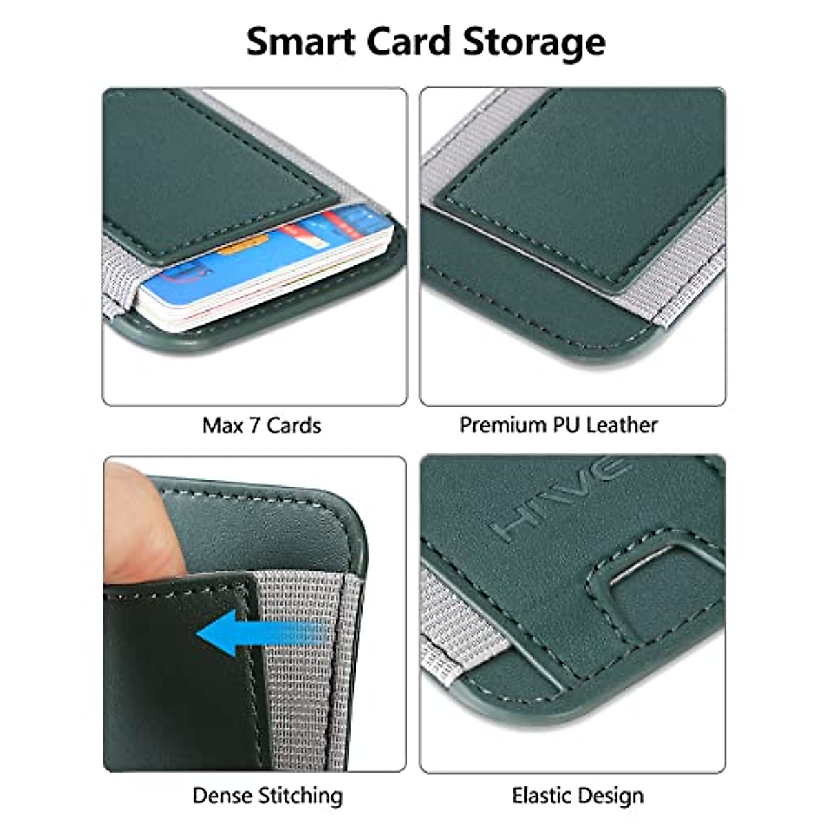 Phone Card Holder, Premium Leather Phone Wallet Stick On, Strong Adhesive Cell Phone Pocket Credit Card Holder for Phone Compatible with iPhone, Samsung & Most Smartphones, Fit 7 Cards, Green, 1 Pack