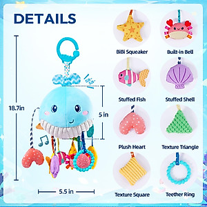Jollybaby Plush Stuffed Activity Pull String Hanging Toys for Stroller Car Seat Crib or Gym, Montessori Sensory Carseat Toy for Baby 0-3-6-12-18 Months, Whale Toy for Infant Baby Boy Girl Gifts
