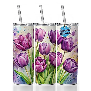 Purple Tulips Flowers Watercolor Skinny Tumbler 20oz with Straw Insulated Water Bottle Gift