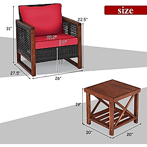 LDAILY 3 Pieces Patio Furniture Set, Rattan Outdoor Front Porch Chairs with Wood Coffee Table & Cushion, Comfy Wicker Conversation Patio Set for Movie Seating, Balcony, Garden, Poolside (Red)