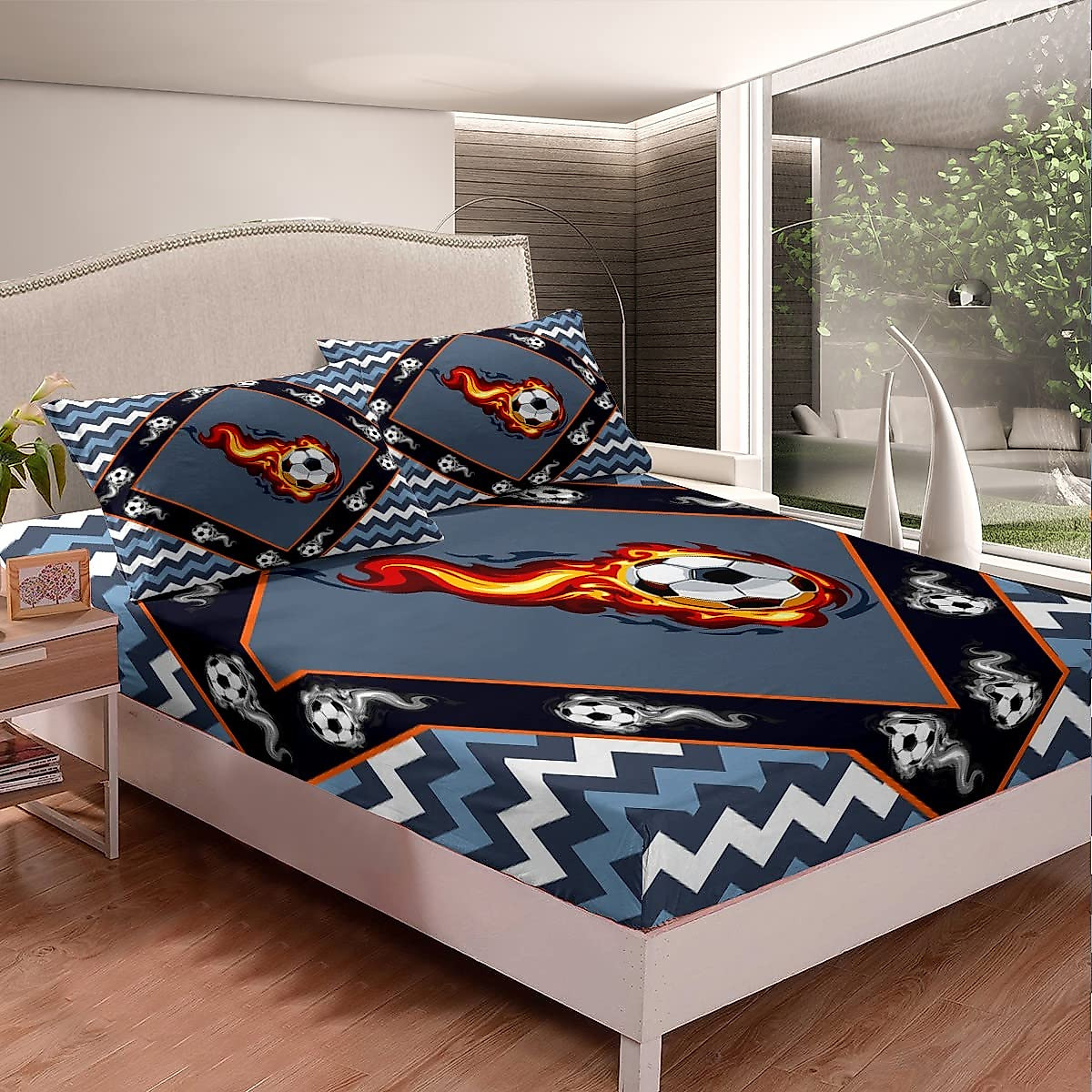 Erosebridal Soccer Sheet Set for Kids Boys Girls,Black Blue Geometric Striped Bed Sheets King,Flame Football Bedding Set,Modern Sports Ball Print Fitted Sheet + Top Sheet + 2 Pillowcases