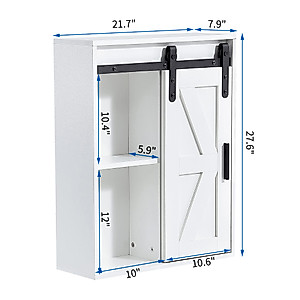 Wood Wall Mounted Storage Cabinet, Farmhouse Medicine Cabiner with Sliding Barn Door and Adjustable Shellf, 5-Tier Wall Storage Cabinet for Bathroom, Kitchen, Living Room (White)