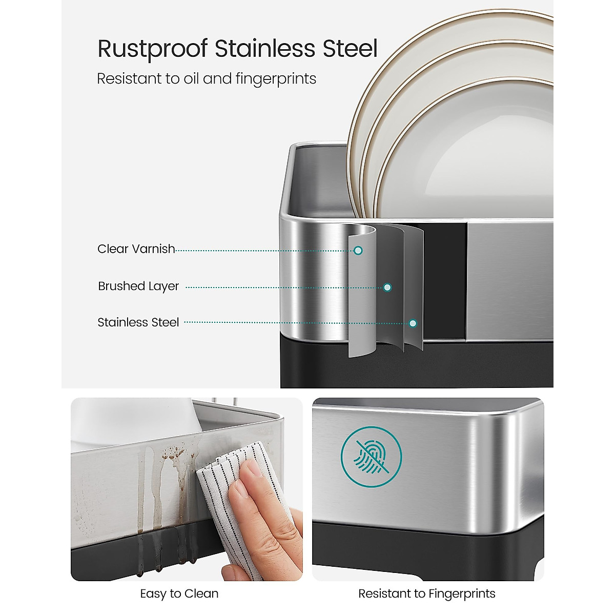 SONGMICS Large Dish Drying Rack, Expandable Dish Dryer for Kitchen Counter, Stainless Steel Dish Rack with Rotatable Spout, Utensil, Cup, Glass, Cutting Board, Pan Holders, Silver and Black UKCS037B01