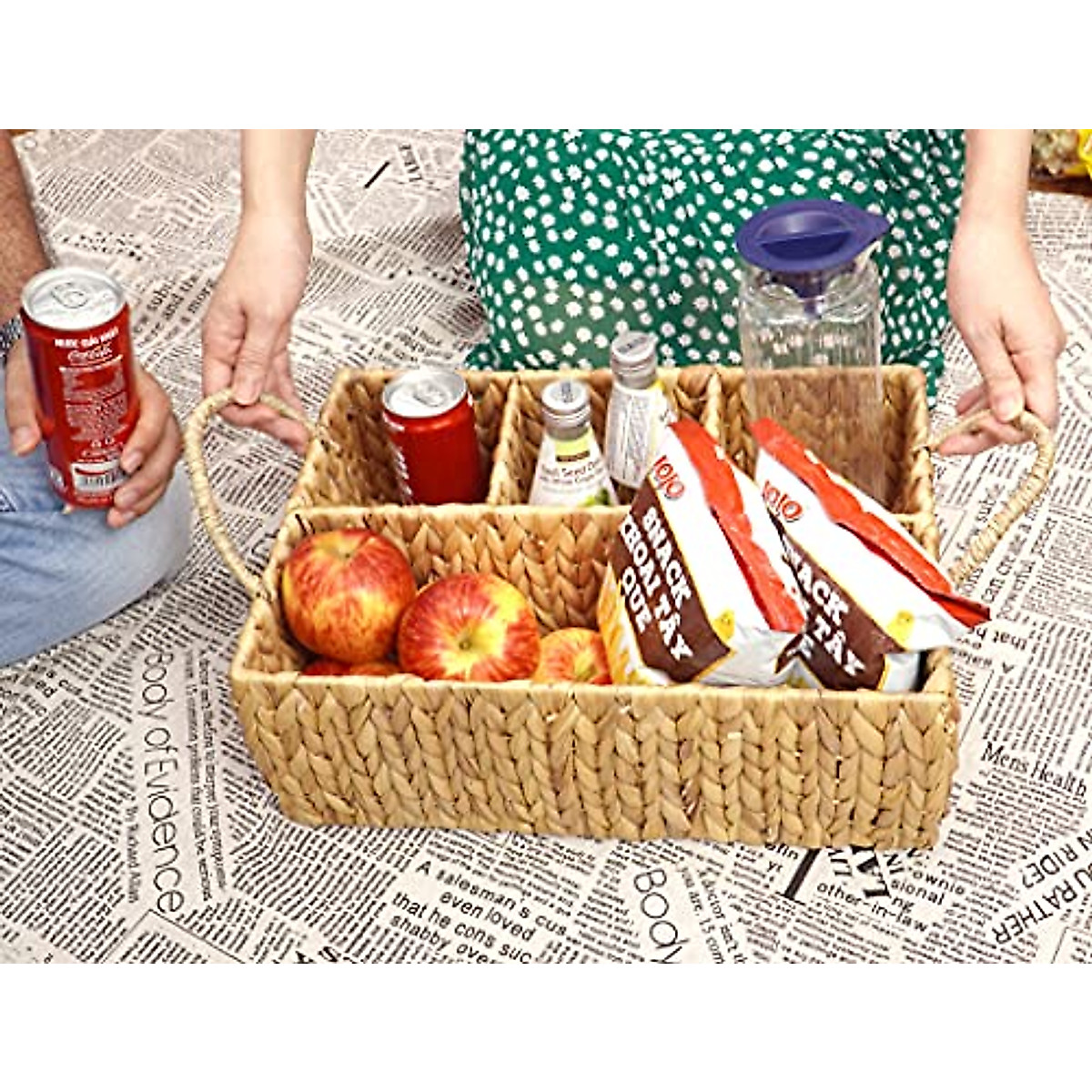 Wicker Divided Storage Basket Woven Natural Basket Hyacinth for Organizing Bathroom Kitchen Shelves Office Supplies Organization Everyday Wicker Storage Baskets 4 Section Rectangular Tray