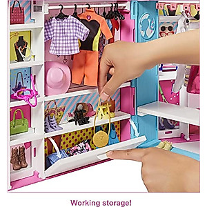 Barbie Dream Closet with Blonde Doll & 25+ Pieces, Toy Closet Expands to 2+ ft Wide & Features 10+ Storage Areas, Full-Length Mirror, Customizable Desk Space and Rotating Clothes Rack