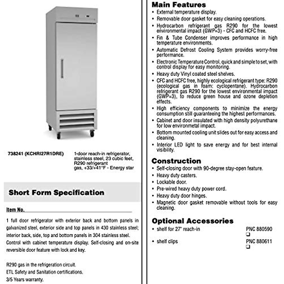 Kelvinator KCHRI27R1DRE 26 3/4" One Section Reach in Refrigerator, Silver