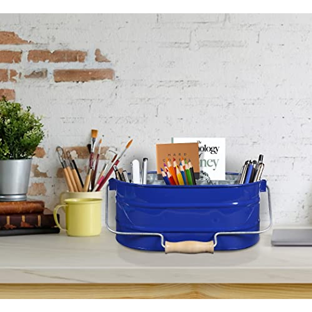 Homebia Designs Galvanized Metal Caddy with 4 Compartments, Rustic Farmhouse Kitchen Indoor Outdoor Utensil Holder, Multipurpose Storage Bin, Metal Garden Planters - 12 Inch - Navy