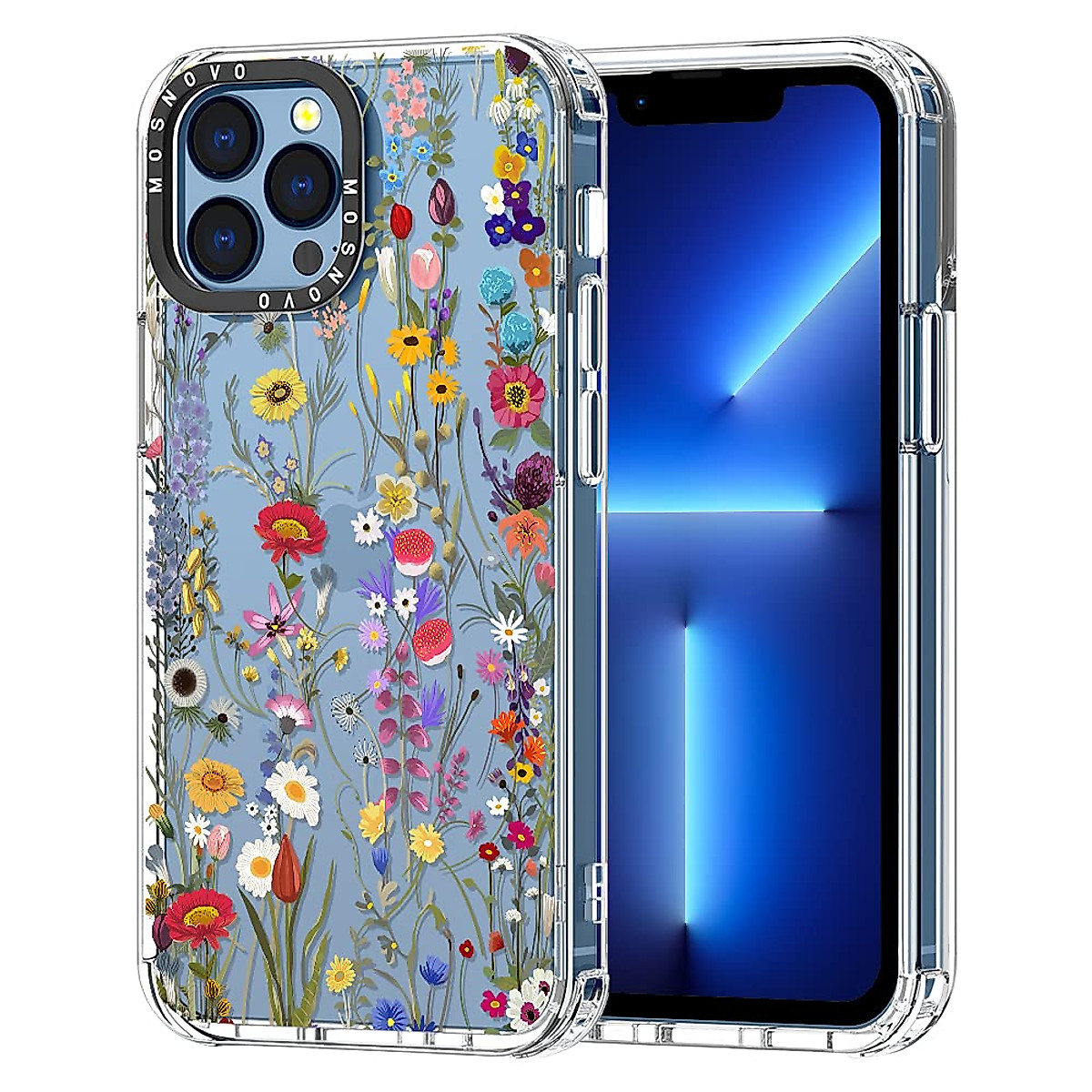 MOSNOVO Case for iPhone 13 Pro Max, [Buffertech 6.6ft Military-Grade Drop Protection] [Anti Peel Off Tech] Clear TPU Bumper Phone Case Cover Design - Wildflower Meadow