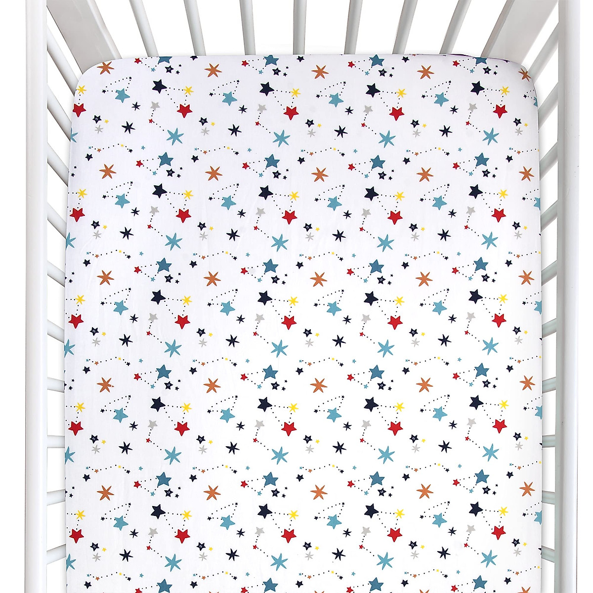 Fisher Price Space Explorer Fitted Crib Sheet Cotton Stars, Space Themed Nursery Bedding 28 x 52” Fitted Crib Sheet for Standard Crib Mattress