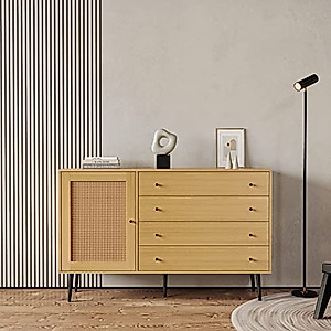 Mid-Century Sideboard Buffet Cabinet，Melpoemen Kitchen Storage Cabinet with Rattan Decorated Door and 4 Drawers，Liquor Cabinet, Dining Room, Hallway, Cupboard Console Table, Accent Cabinet,Natural