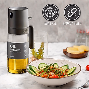 VuseOne Oil Sprayer Kitchen Gadget for Cooking High Borosilicate Glass Oil Sprayer Mister, 250ml Olive Oil Spray Bottle for AirFryer, Salad, BBQ, Kitchen Baking, Roasting, Dark Gray