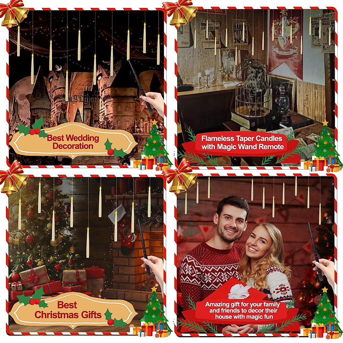 12 Home Decoration Floating Candles with Magic Wand Remote, Flameless Taper Ccandles Warm Light Flickering,Witch Wizard Hanging Candles Lights for Harry Potter Gift Birthday Party Home Room Decor