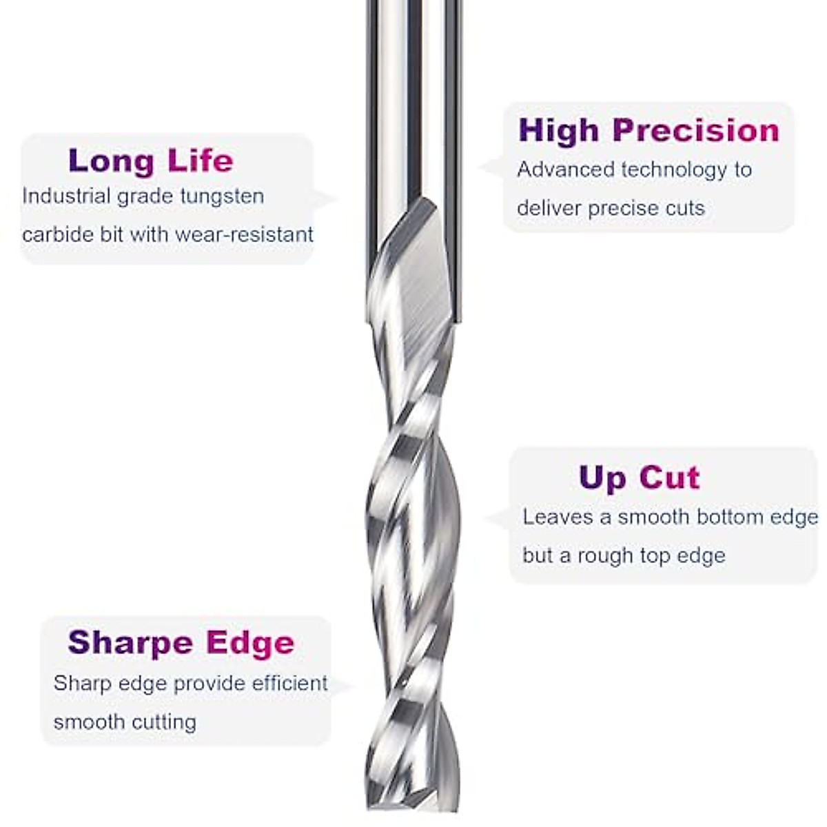 SpeTool Spiral Router Bits with UpCut 1/4 inch Cutting Diameter, 1/4 inch Shank 3 inch Extra Long HRC55 Solid Carbide CNC End Mill for Wood Cut, Carving