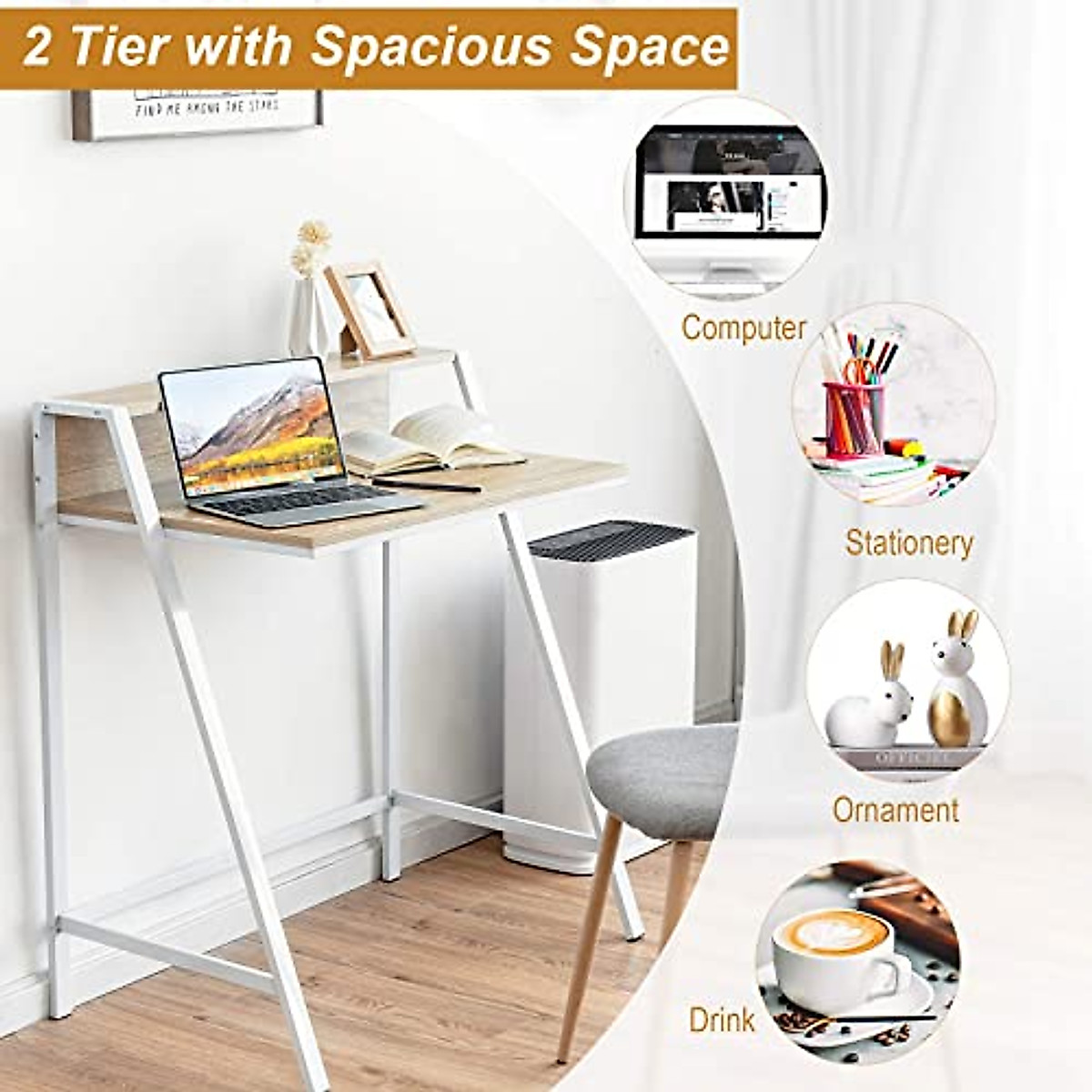 Tangkula Small Computer Desk, Compact Home Office Desk with Sturdy Frame, 2 Tier Study Writing Table for Small Place Apartment Office, Desk for Bedroom, Kid’s Desk