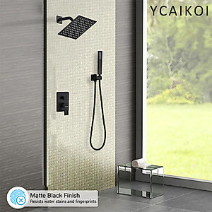 YCAIKOI Matte Black Shower System, 8 Inch High Pressure Rain Shower with Handheld, Wall Mount Shower Faucet Set for Bathroom, Rough-in Valve Body and Trim Included
