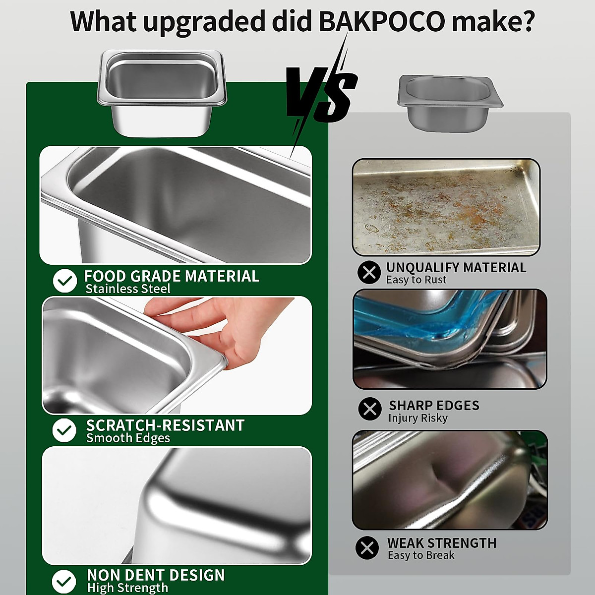 BAKPOCO Hotel Pan 1/9 Size - Steam Pan With Lid 4" Deep 4 Packs Food Pan Anti Jam Stainless Steel Buffet Pan Commercial Stainless Steel Pan