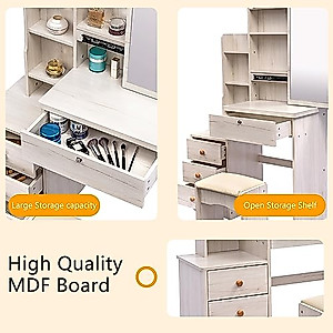 Susici Modern Makeup Vanity Table with Adjustable Lighted Mirror,Dressing Table Set with High Capacity Storage Drawers Shelves&Cushioned Stool,Vanity for Bedroom (Sliding Square Mirror2, 31.5x14x51)