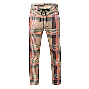 Mens Sweatpants, F_Gotal Men’s Casual Lattice Plaid Slim Fit Drawstring Running Jogger Pencil Pants Trouser with Pockets Orange