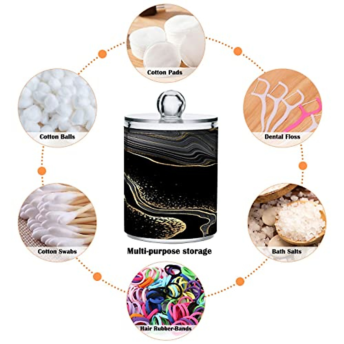 BOENLE 2 Pack Qtip Holder Dispenser Black White Golden Marble Bathroom Storage Canister Lid Acrylic Plastic Apothecary Jar Set Vanity Makeup Organizer for Cotton Swab/Ball/Pad/Floss