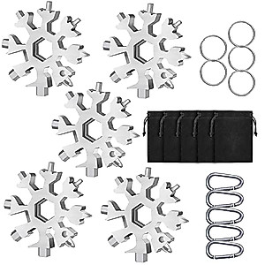 Snowflake Multitool, 5 Pieces 18-in-1 Stainless Steel Snowflake Standard Multitool, Snowflake Tool with Key Ring, Carabiner Clip and Gift Bag (Silver)