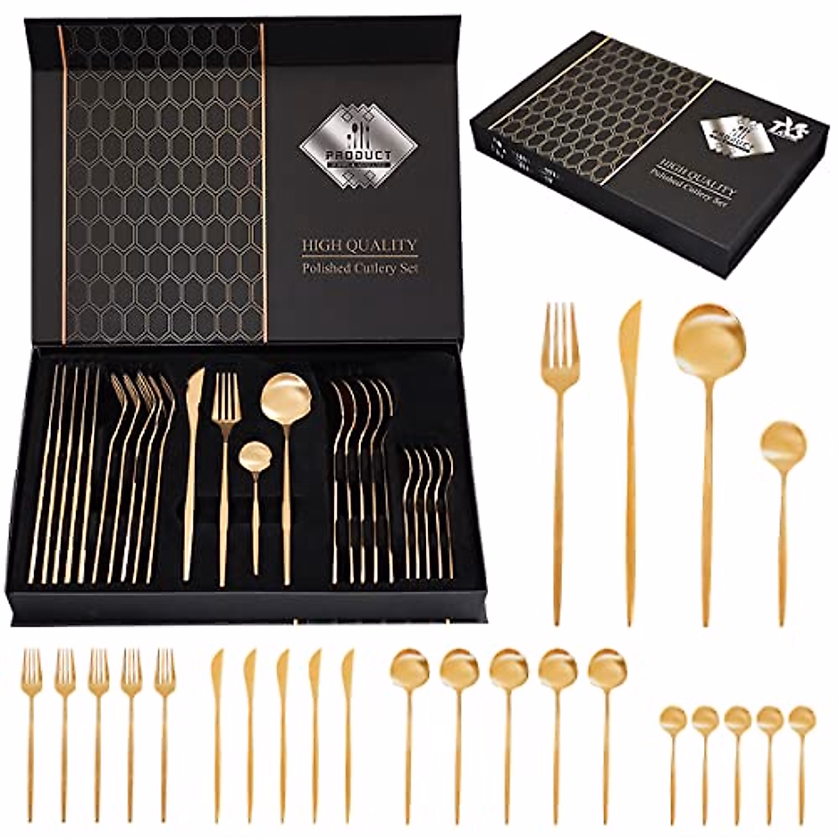 24-Piece Gold Silverware Set Gold Utensils Set for 6, Gold Spoons and Forks Set, Stainless Steel Gold Cutlery Set Home Kitchen Restaurant Hotel Wedding Flatware Set, Dishwasher Safe (Mirror Polished)