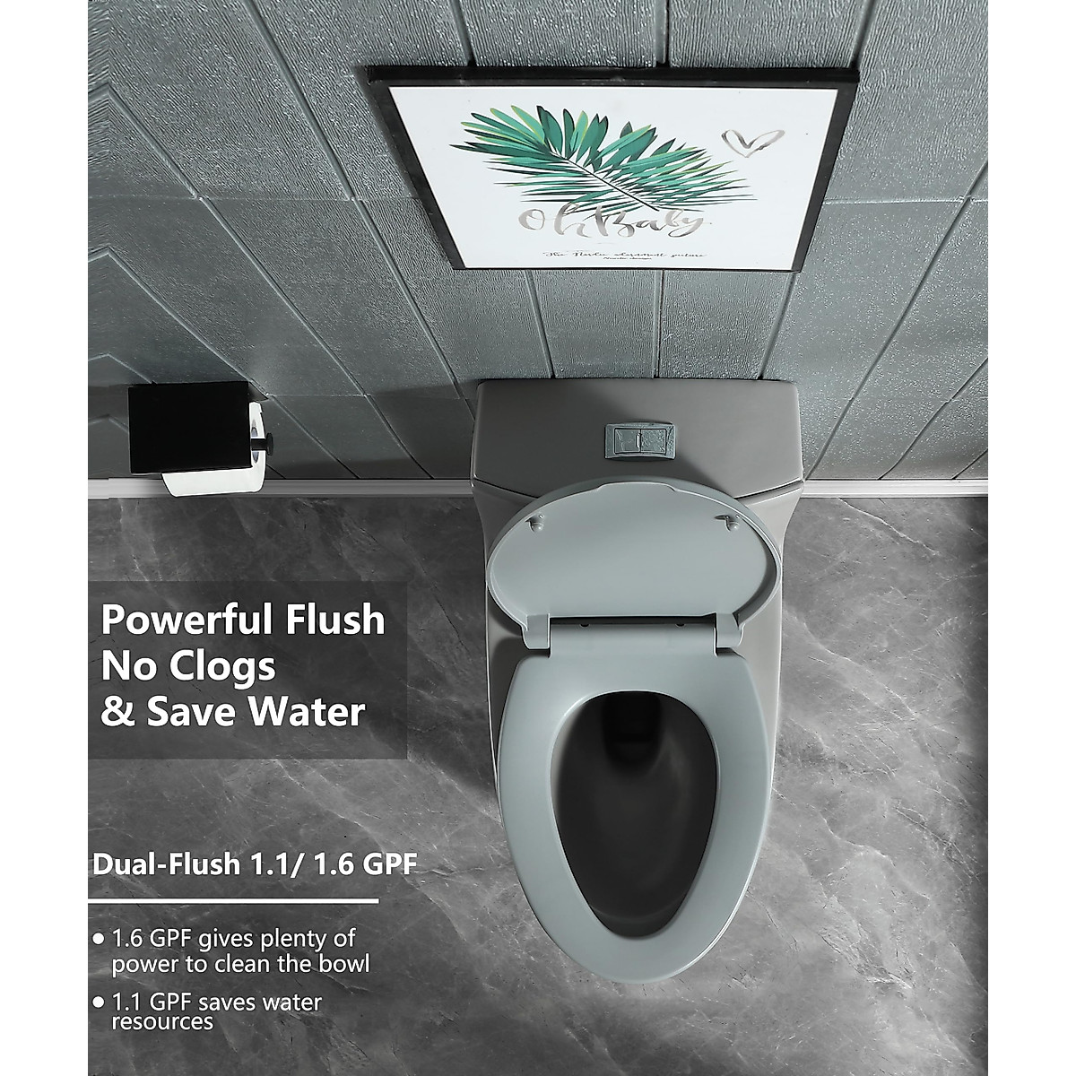 One Piece Toilet Dual Flush Elongated Standard Modern Toilet 1.1/1.6 GPF Soft Close Seat Save Water Powerful & Quiet - Gray, 27.5"D x 14"W x 28.6"H
