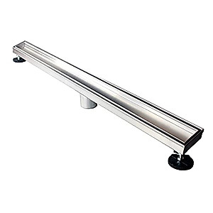 Novalinea - 54 Inch Linear Shower Drain with Tile Insert Grate, Includes Hair Strainer and Leveling Feet, 2 Inch Center Outlet, 304 Stainless Steel