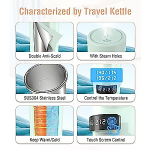 Travel Portable Electric Kettle Small with Temperature Control and LCD Display,304 Stainless Steel BPA Free Travel Tea Kettle with Auto Shut-Off for Road trip, business trips, camping by buways
