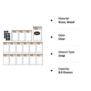 TANGLONG Glass Jars With Bamboo Lids Set, Glass Jars With Wood Lids 8 oz, Large Spice Jars, Glass Storage Containers For Pantry , Cookie, And Coffee SET OF 16