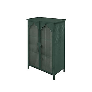 2-door Metal Storage Cabinet, Buffet Cabinet, Display Cabinet with Glass Door, with Magnetic Arched Corrugated Glass Door, Adjustable Feet, Suitable for Dining Room, Living Room, Bedroom, Dark Green