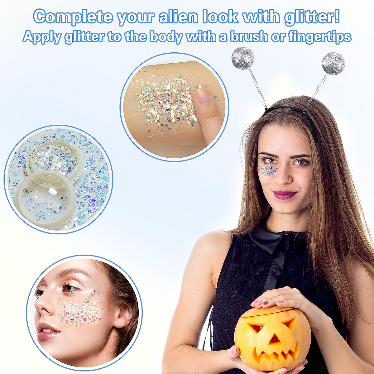 MUKOSEL Alien Headband with Glitter, Silver Martian Antenna Headband Glitter Ball Boppers, Alien Antenna Headband Theme Party Halloween Cosplay Costume Alien Costume Accessories for Women Adults Kids