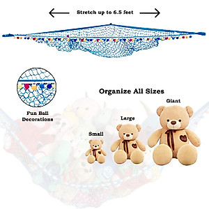 HOME4 Plush Animal Teddy Bear Hanging Storage Toys Hammock Net With Fun Poms Poms - Organize Small, Large, Giant Stuffed Toys Balls Great Gift for Boys, Girls Instead of Bins Chest (Blue)