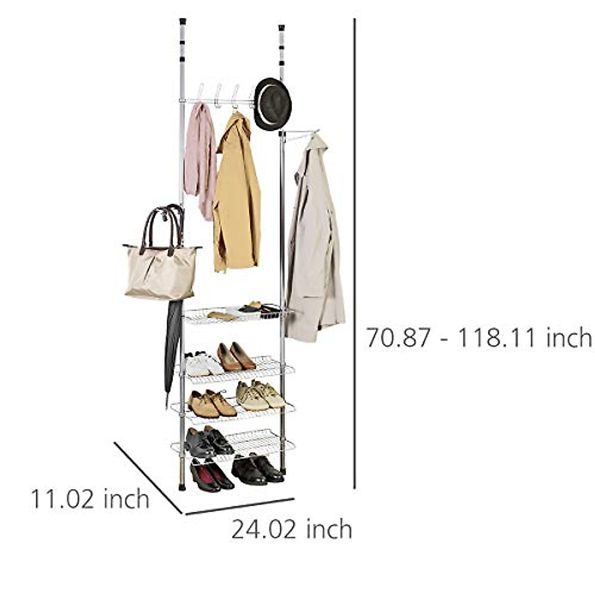WENKO Appolon Telescopic Rack System Rail, Adjustable, Heavy Duty, for Hanging Clothes, Storage, Organizer, with Shelves, 24 x 70.9-118.1 x 11 in
